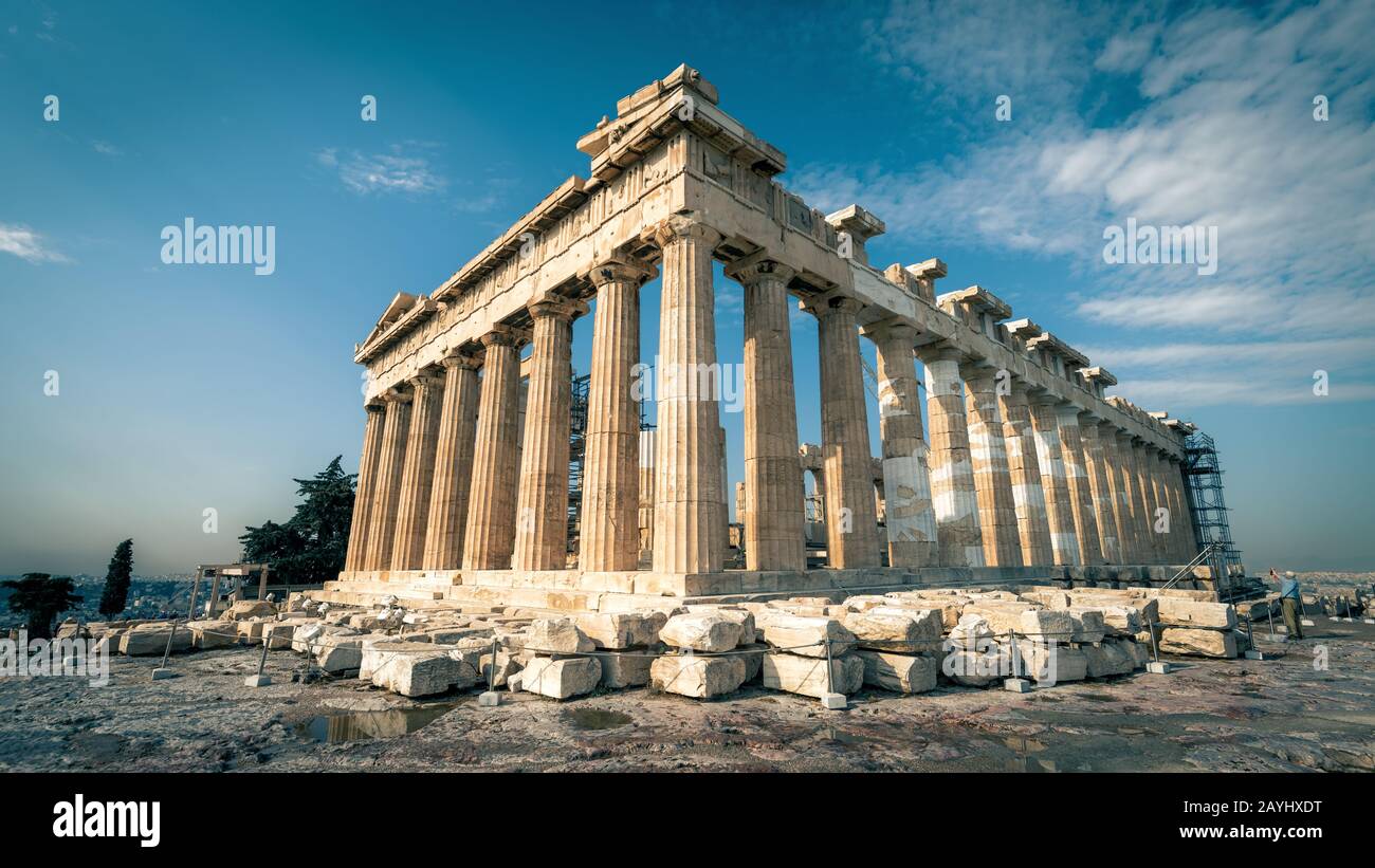 Panoramic sunny view of Parthenon on the Acropolis of Athens, Greece ...