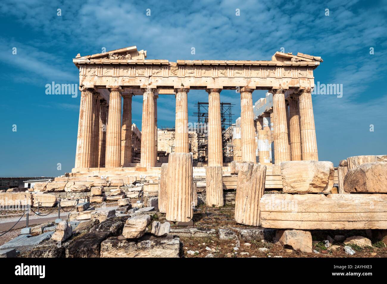 Ancient Parthenon temple on Acropolis, Athens, Greece. It is top landmark of Athens. Facade of ...