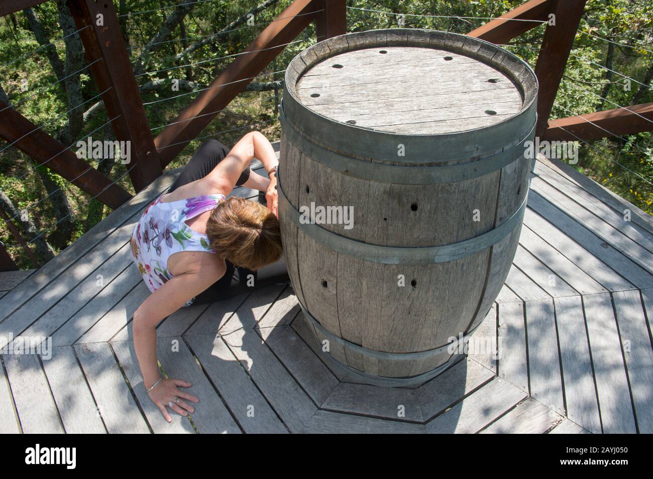 A woman (Model Release 20020923-10) is peeking into a barrel, artwork ...