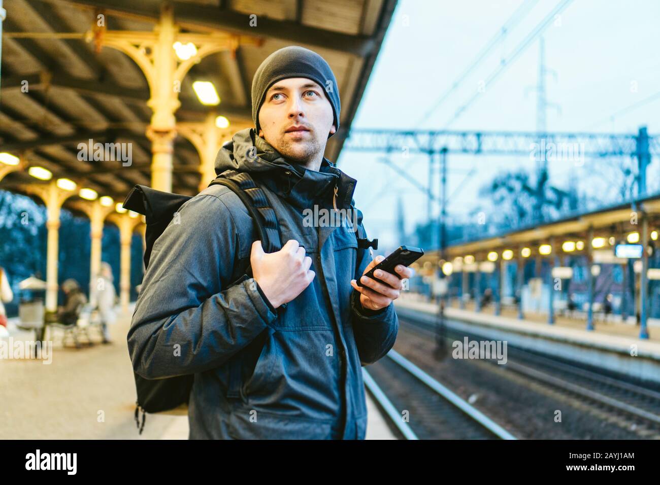 Sopot Fast Urban Railway station. young man standing and waiting train ...