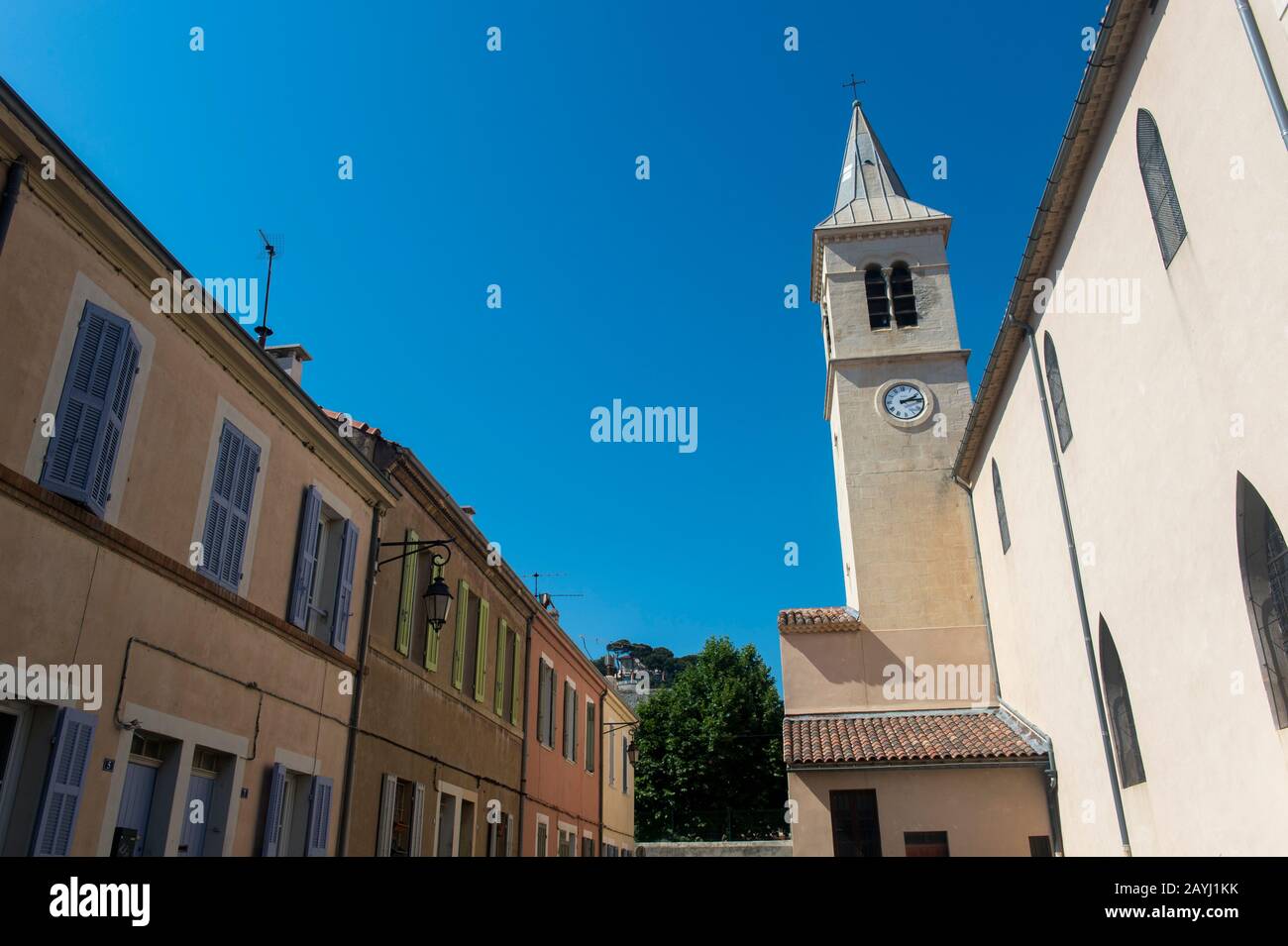 View of the church in L Estaque, a village in southern France, just ...