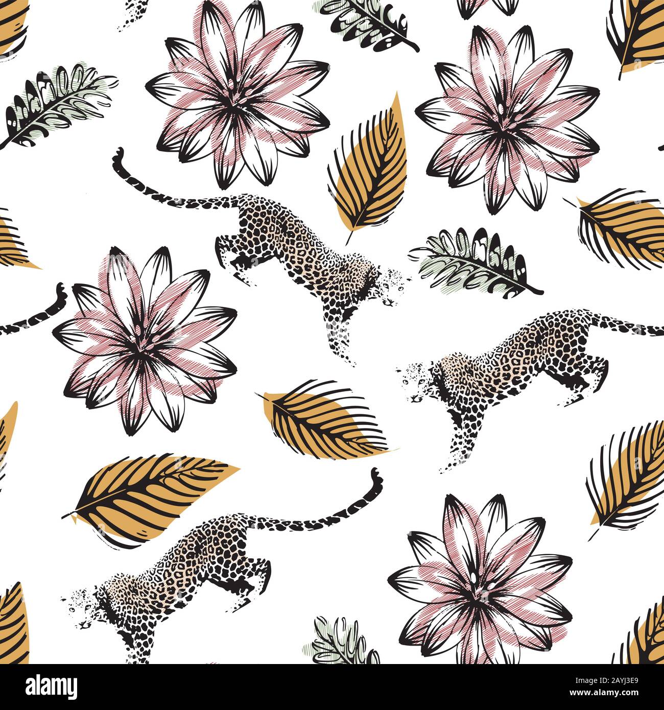 leopard and tropical floral design in jungle wildlife seamless pattern ...