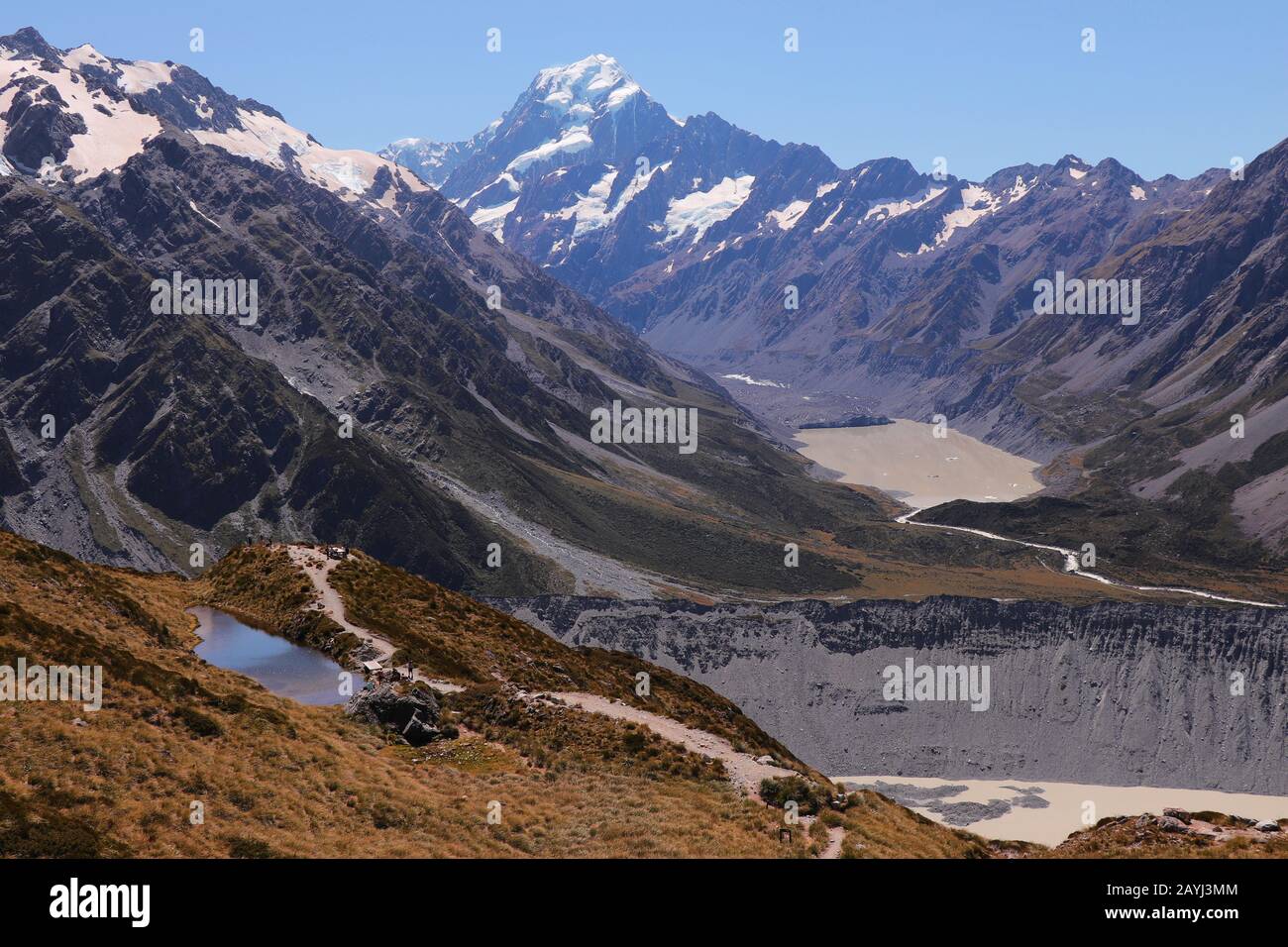 view of Mt Cook with Hooker Lake and Mueller Lake in Mount Cook ...