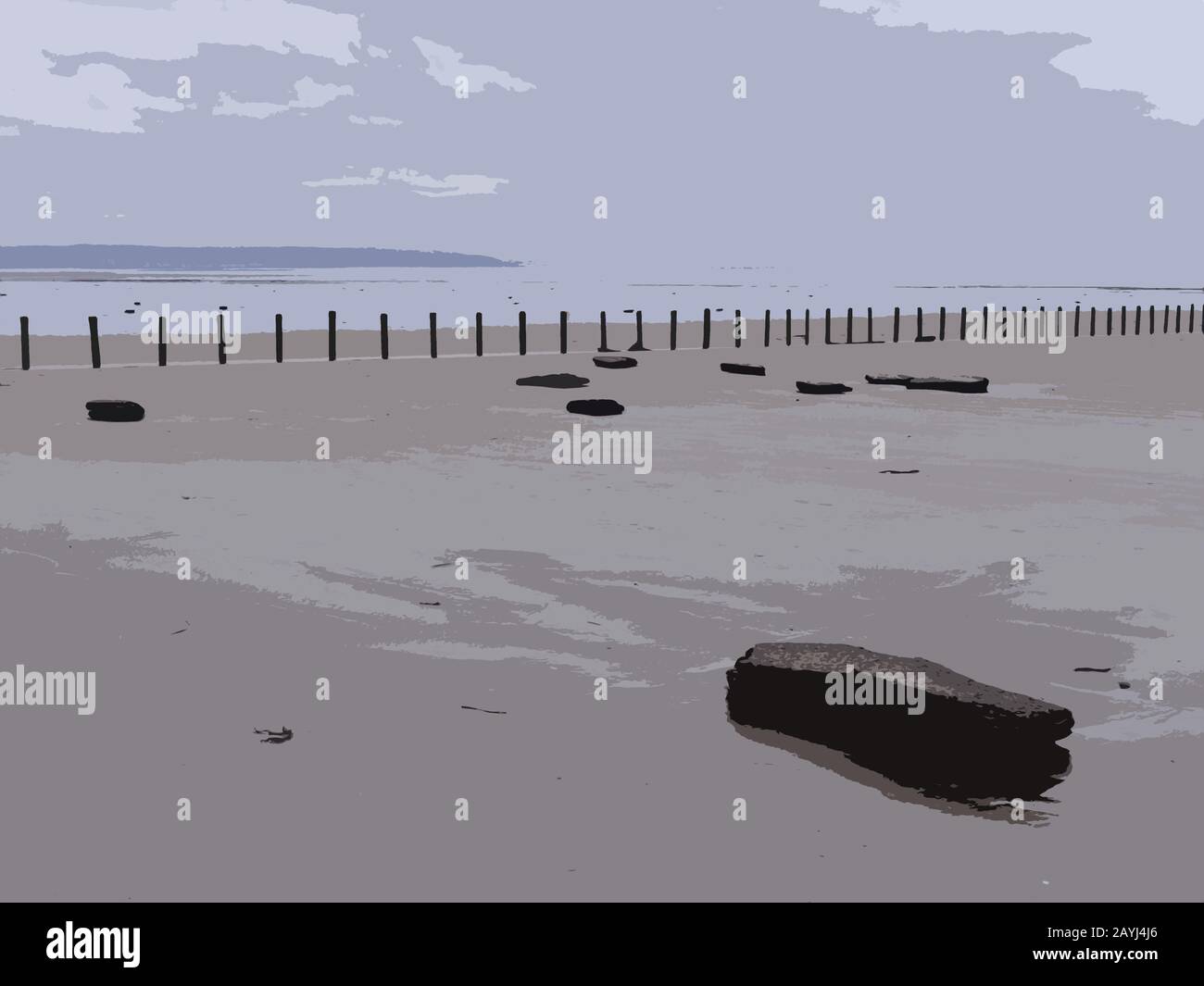 Landscape of empty or desolate beach with peat blocks ex submerged ...