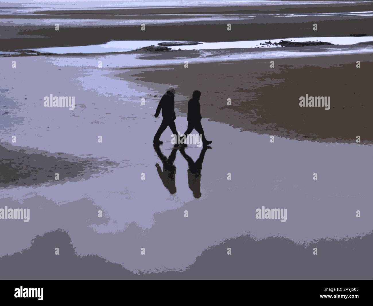 Two men walking across a beach they are reflected in the wet sand Stock ...