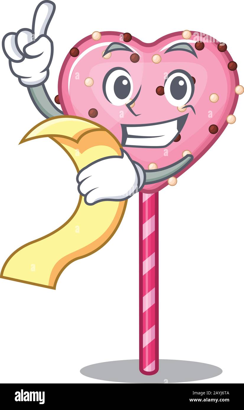 A funny cartoon character of candy heart lollipop holding a menu Stock ...