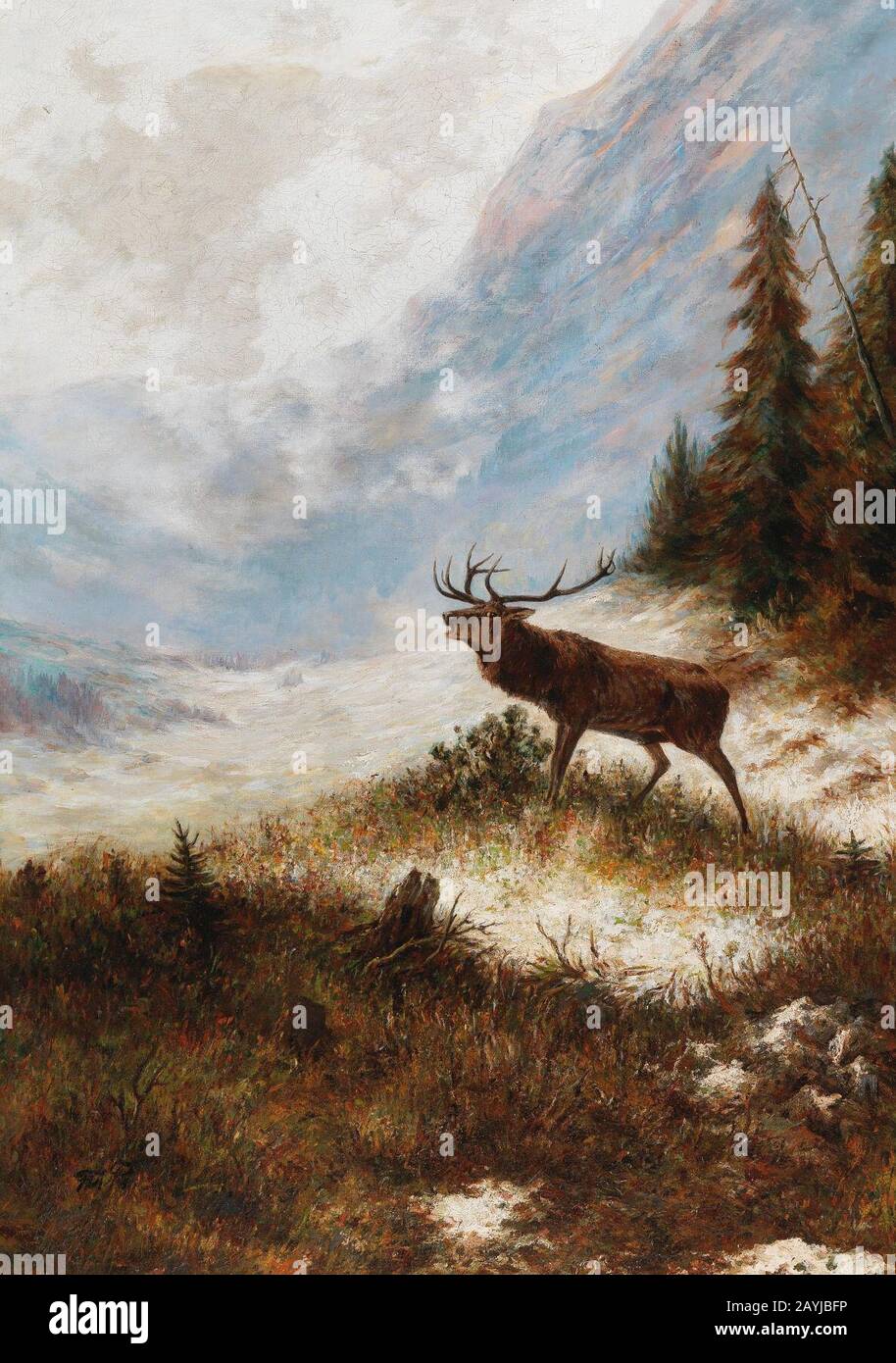 Franz Xaver von Pausinger - Röhrender Hirsch in Winterlandschaft Stock ...