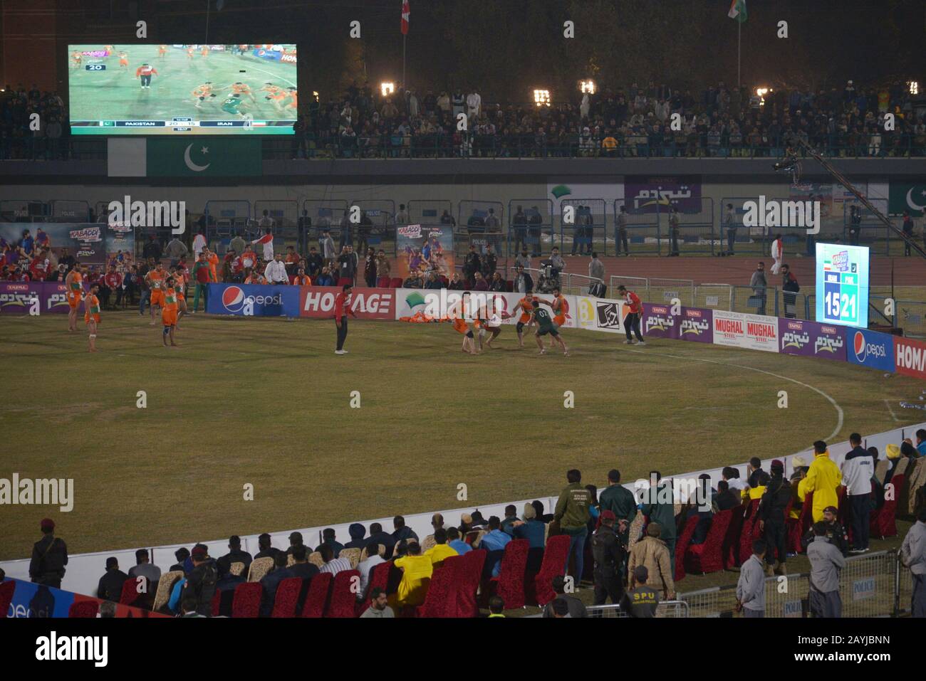Lahore, Pakistan. 15th Feb, 2020. Kabaddi players seem in action during ...