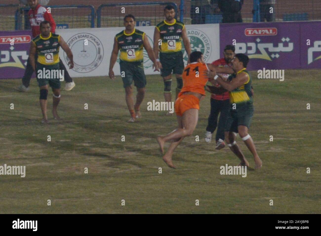 Lahore, Pakistan. 15th Feb, 2020. Kabaddi players seem in action during ...