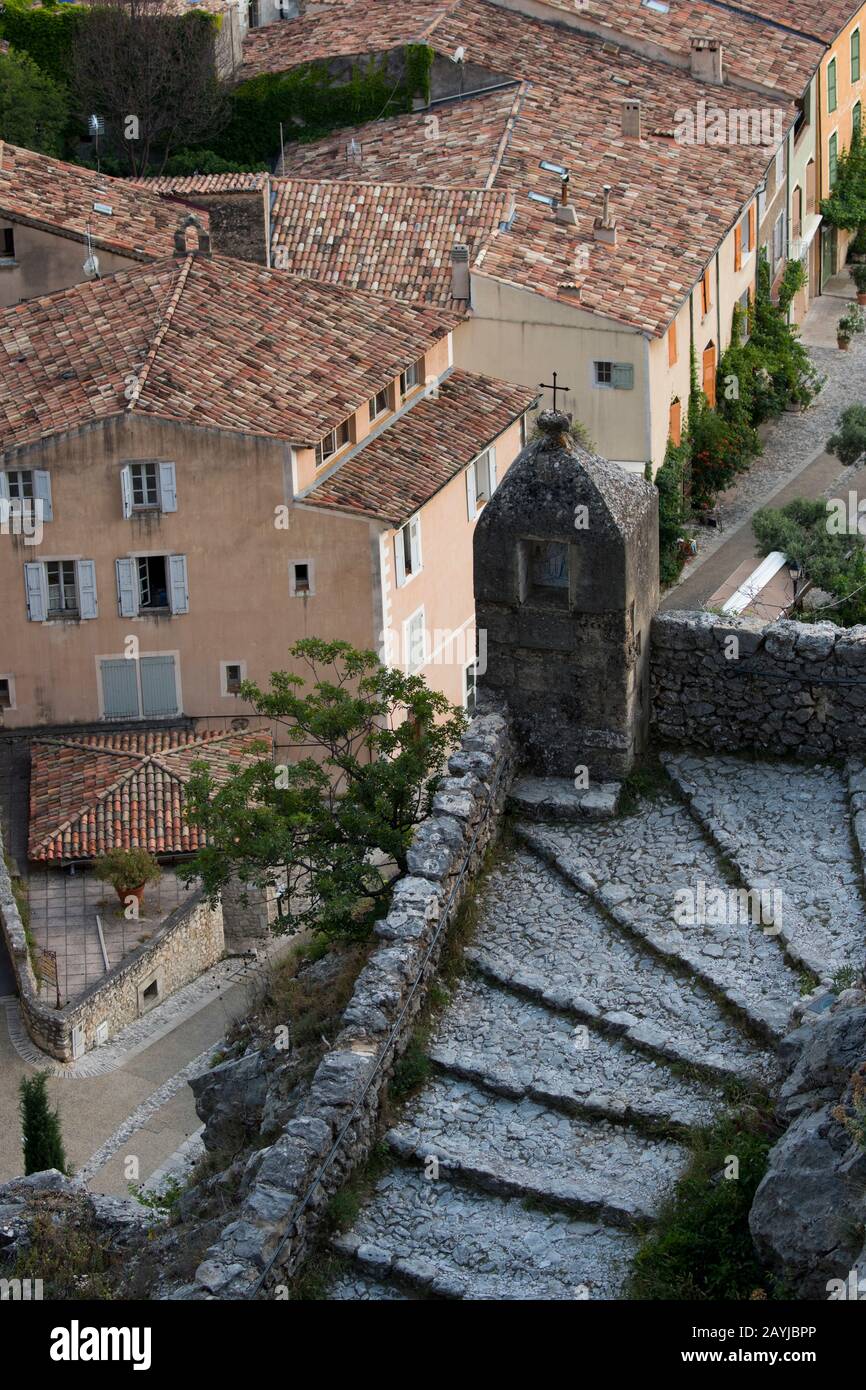 View of the steep footpath to Notre-Dame-de-Beauvoir chapel, built into ...