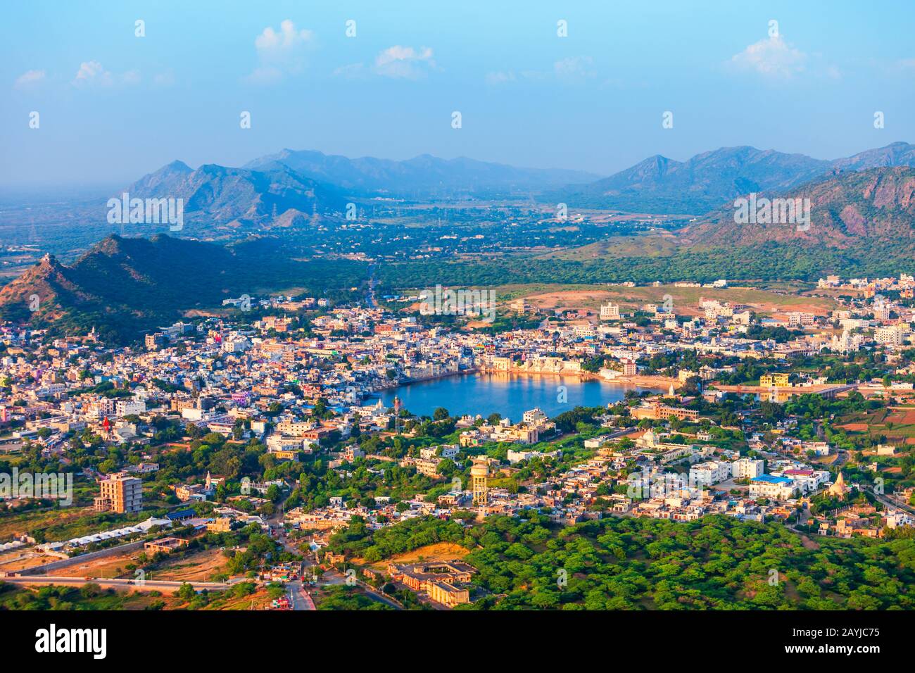 Pushkar town and lake aerial panoramic view in Rajasthan state of India ...