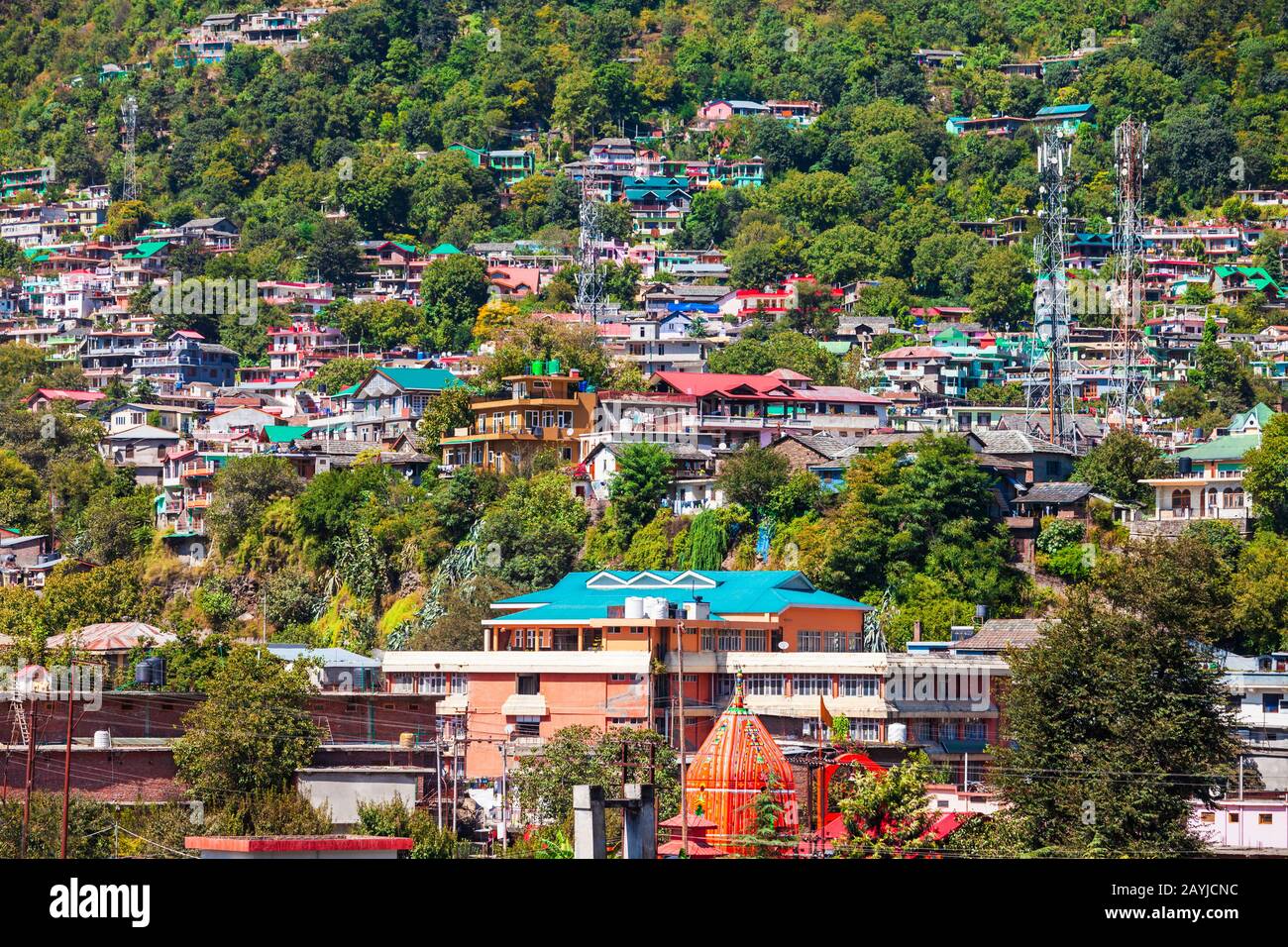 Kullu town aerial panoramic landscape, Kullu valley in Himachal Pradesh ...