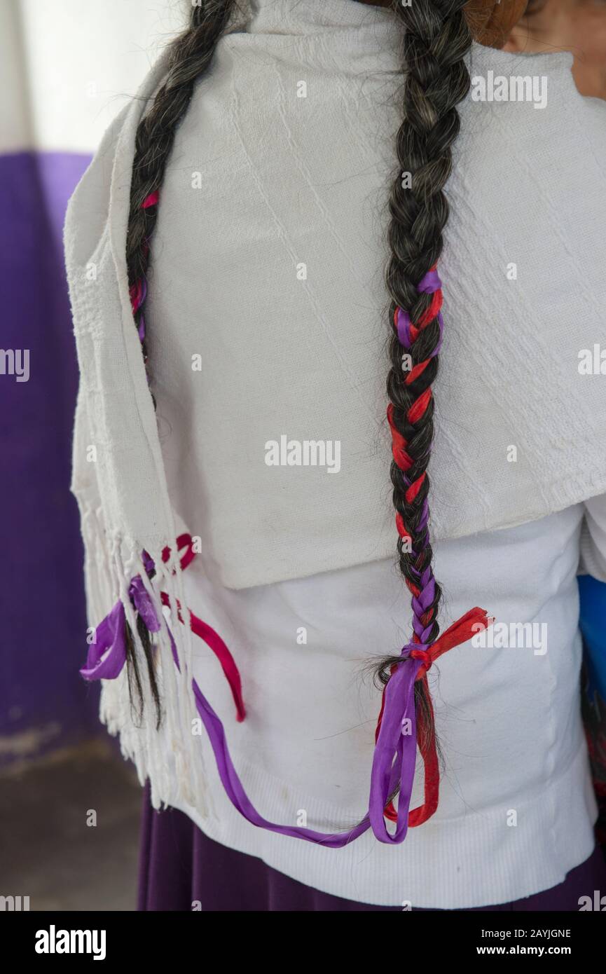 Close-up of the braided hair of a senior Mixtec woman in the Mixtec ...
