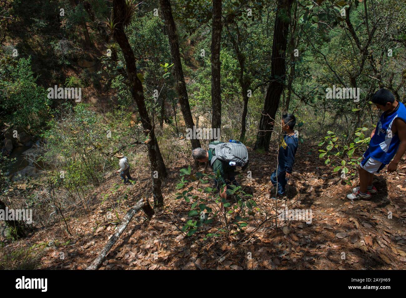 People hiking through step terrain near the waterfalls in the hills ...