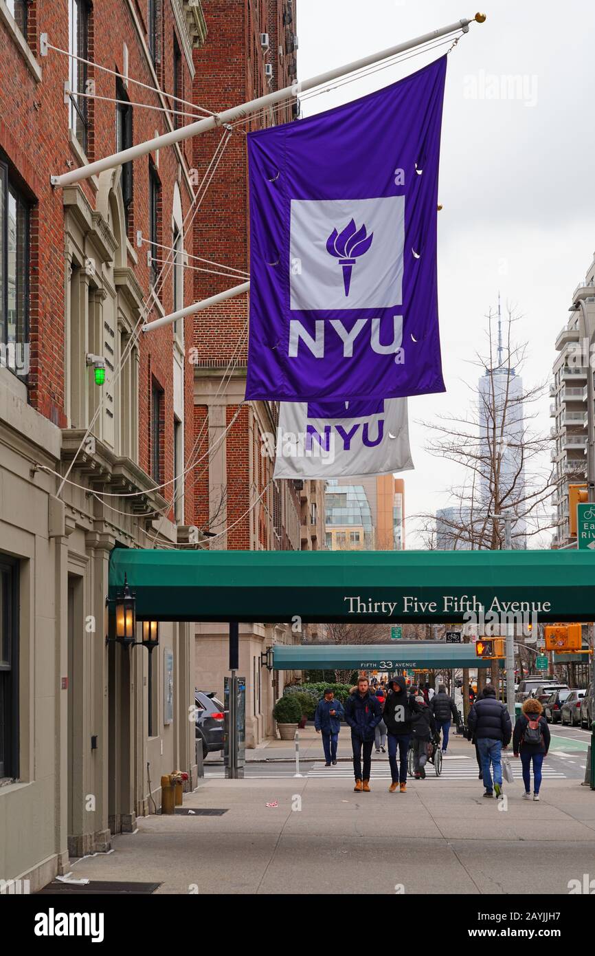 NEW YORK CITY, NY -1 FEB 2020- View of a purple school flag on the ...