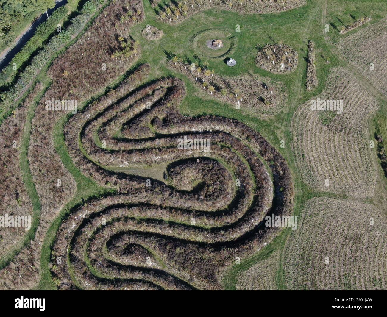aerial view of a maze pattern made in a field in the countryside Stock ...