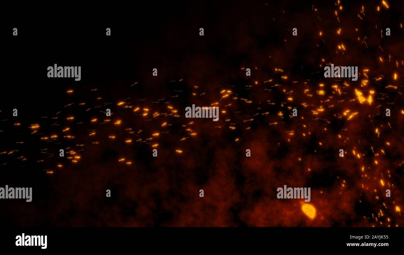 Burning red hot flying sparks fire from right to left in the night sky ...