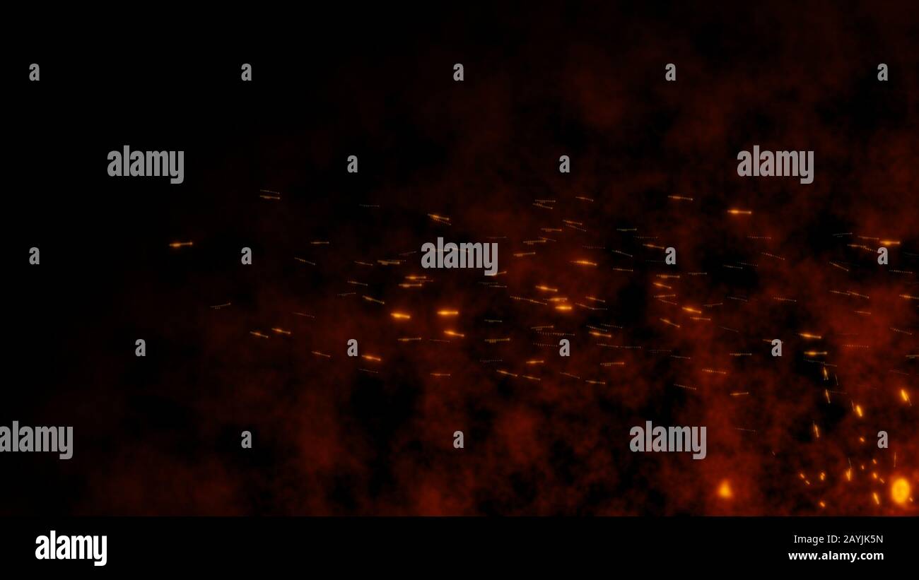 Burning red hot flying sparks fire from right to left in the night sky ...