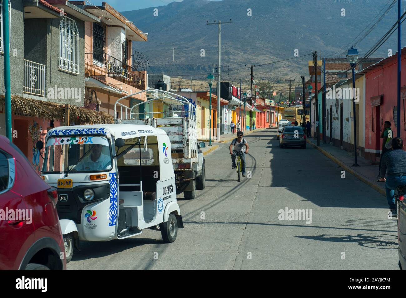 A street scene in Mitla, a small town in the Valley of Oaxaca in ...