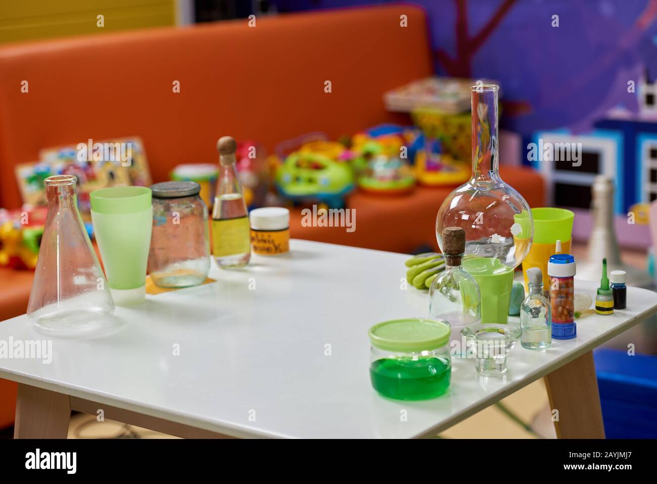 Laboratory glassware on table in playroom Stock Photo - Alamy