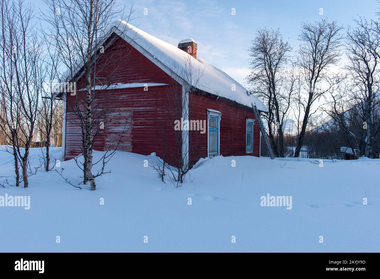 A cabin in the snow near Bjorkliden in Swedish Lapland; northern Sweden ...