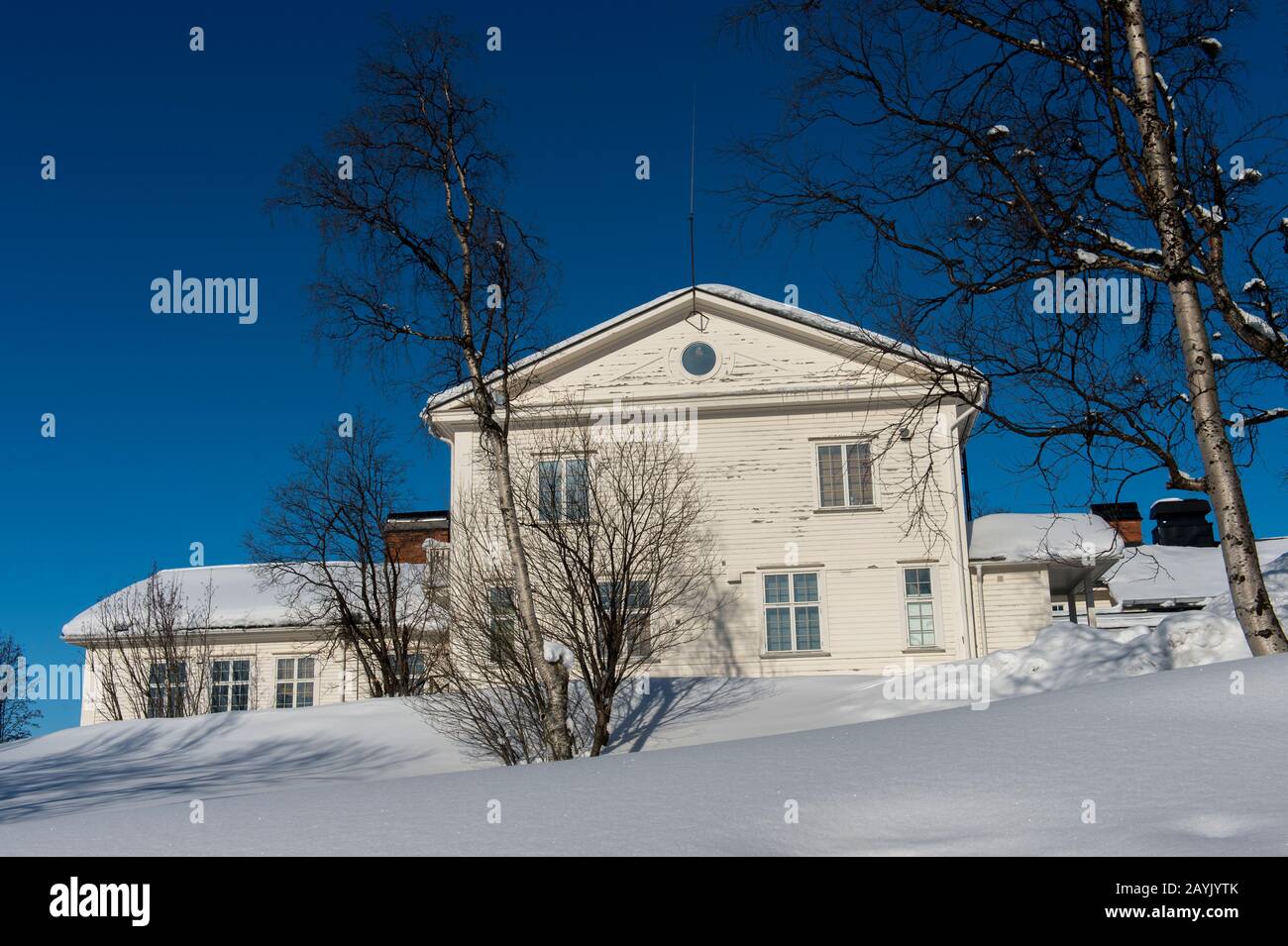 An old house in the Kiruna city center in Swedish Lapland; northern ...