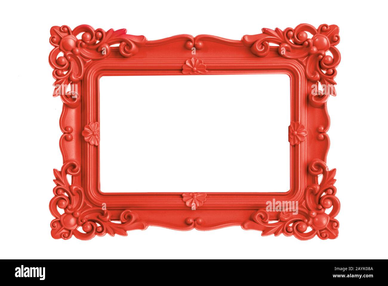 Modern plastic bright red picture frame with antique styling isolated ...