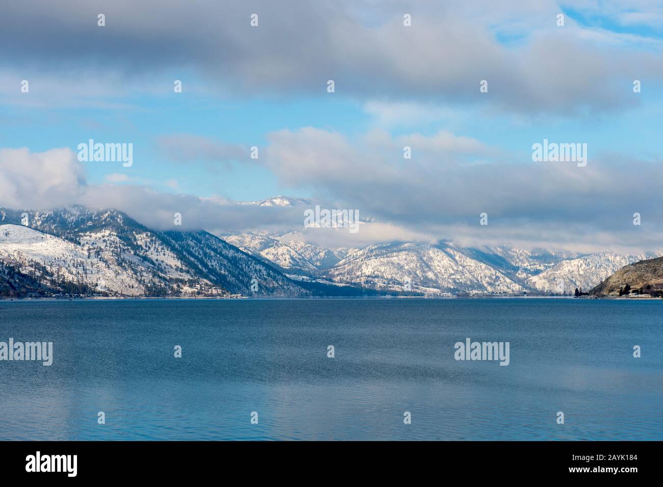 View of Lake Chelan in Eastern Washington, USA, with snow covered ...
