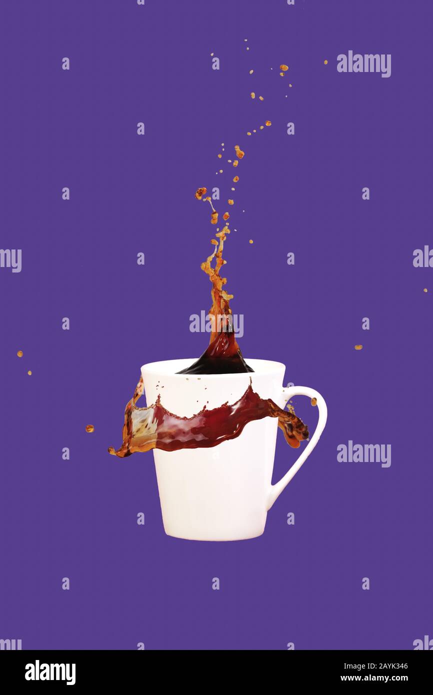 Levitating coffee mug with splashes. Coffee concept. Minimal art trend ...