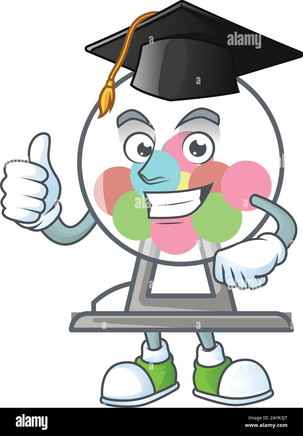 A happy character of lottery machine ball in a black Graduation hat ...