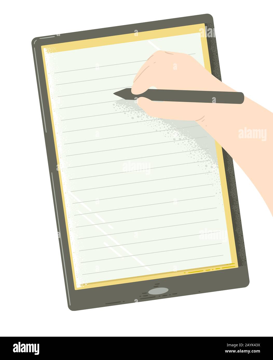 Illustration of a Hand Holding a Pen and Writing on Paper App on Tablet ...