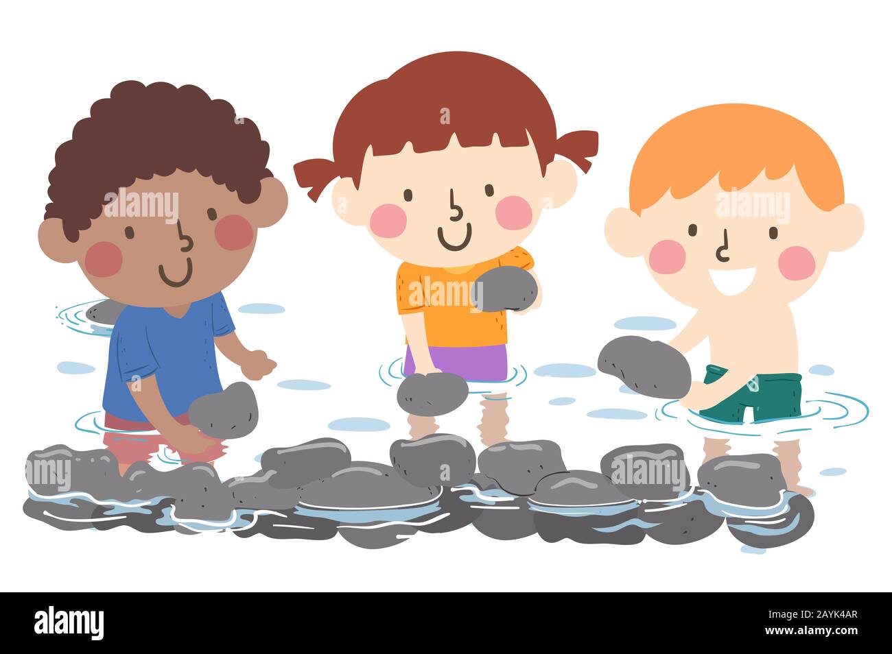 Illustration of Kids Stacking Stones and Rocks in a Stream, Playing and ...