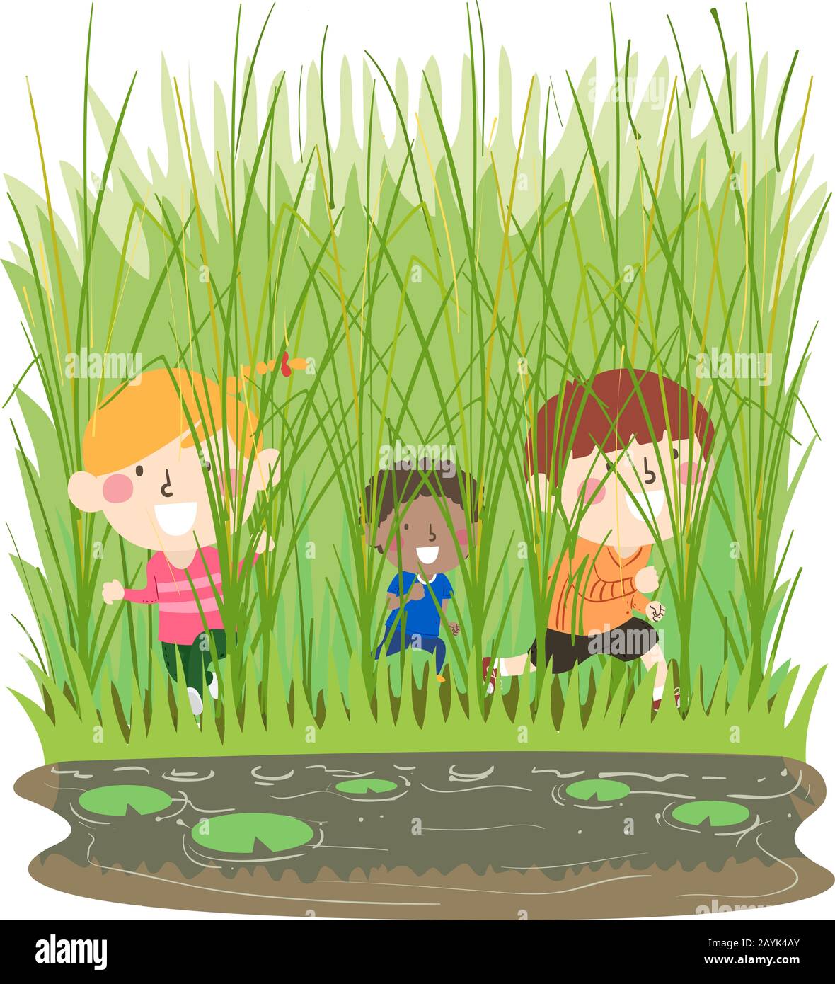 Illustration of Kids Running and Playing Among Tall Grasses in Marsh ...
