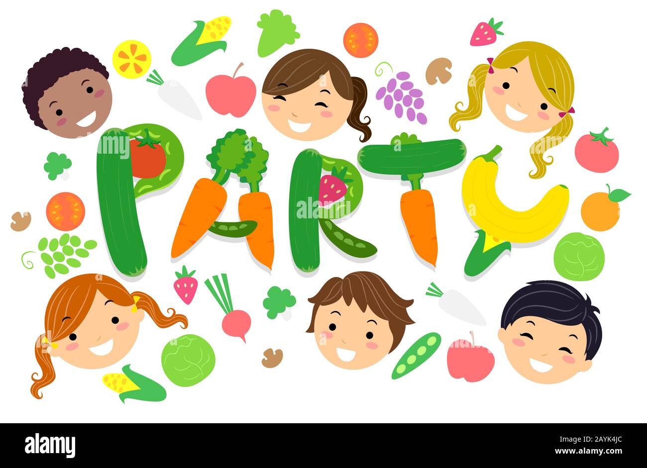 Illustration of Stickman Kids Heads with Fruits and Vegetables Arranged ...