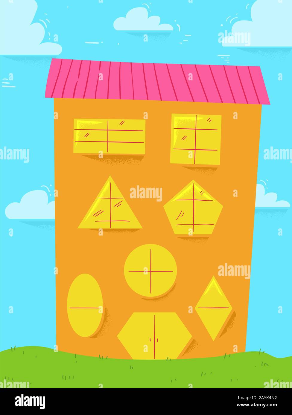 Illustration of a Building with a Doors and Windows in Basic Shapes ...