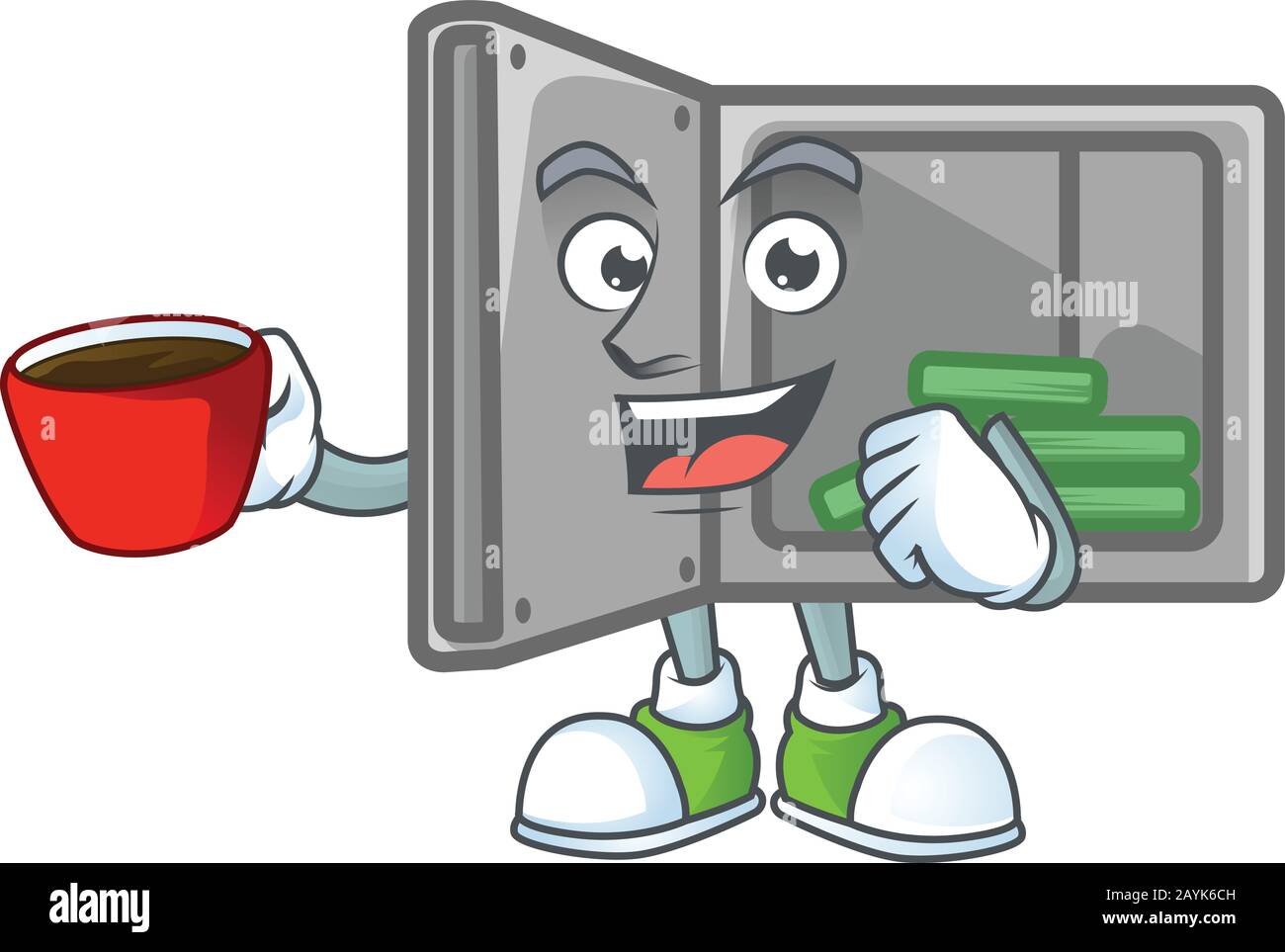 Cool security box open cartoon character with a cup of coffee Stock ...
