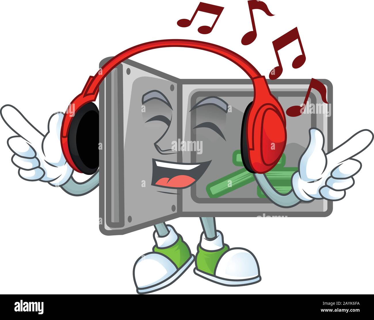 Security box open cartoon character design Listening music on a headset ...