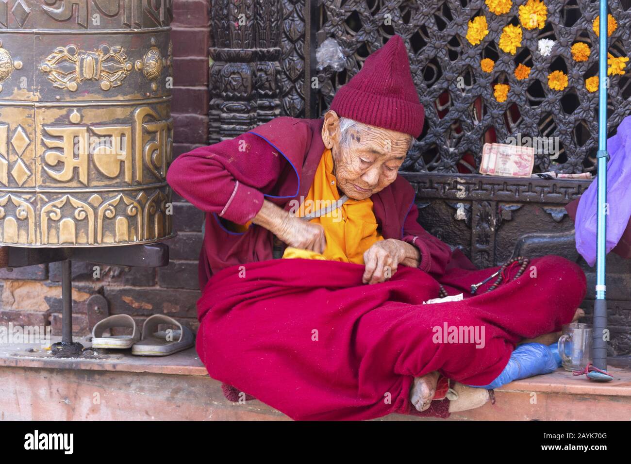 Life in Poverty Poor Old Nepalese Woman in Red Clothing and Wrinkled ...