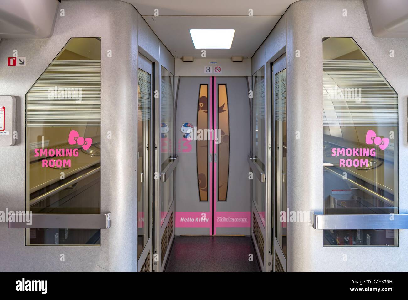 Hello Kitty Shinkansen bullet train, service on Sanyo Shinkansen line. Operated by West Japan ...