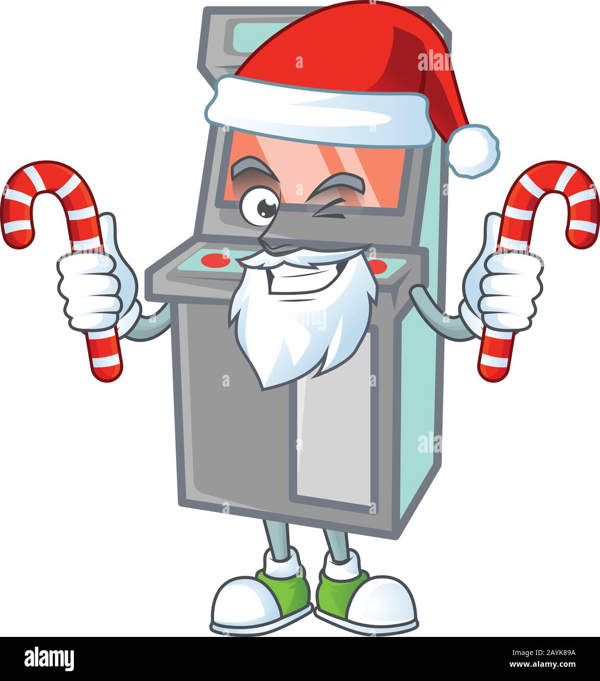 cartoon mascot style of arcade game machine in Santa costume with candy ...