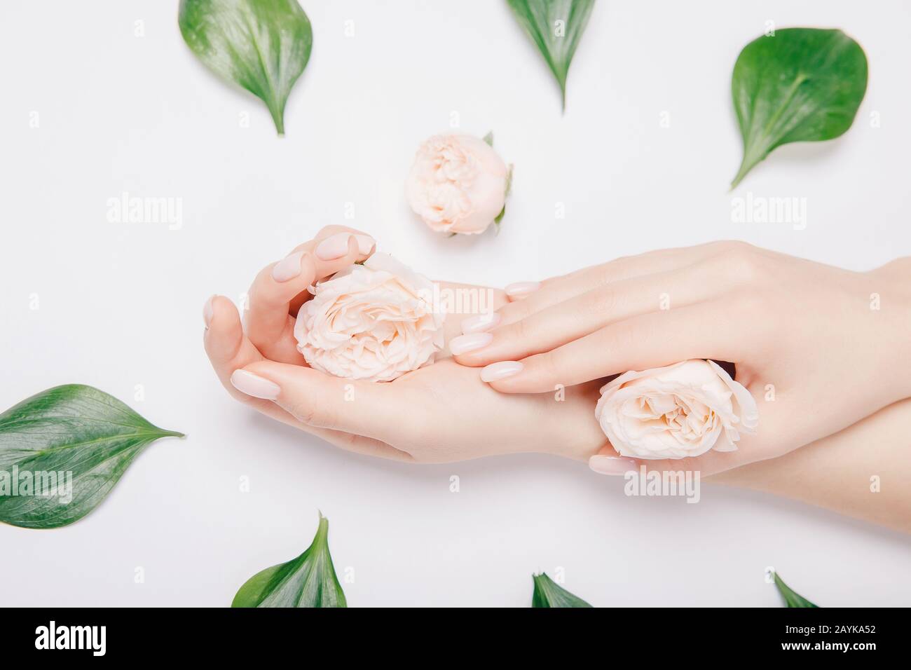 Beautiful stylish trendy female pink manicure with flower on background ...