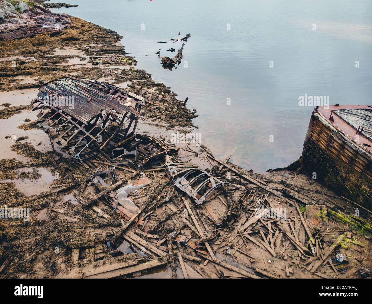Cemetery of old ships Teriberka Murmansk Russia, wooden remains of ...