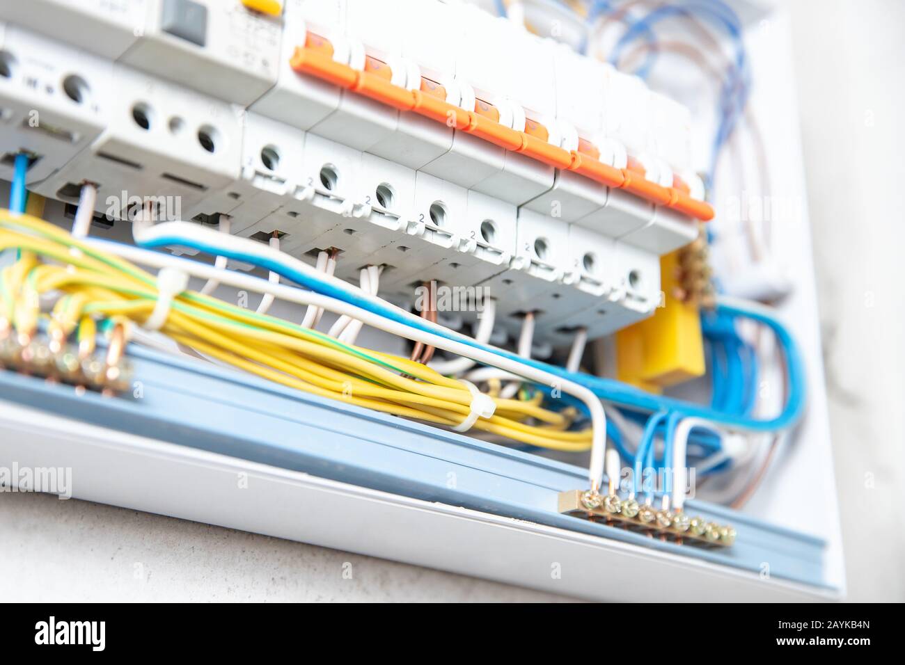 Close up elements copper wires consumer electric control panel ...