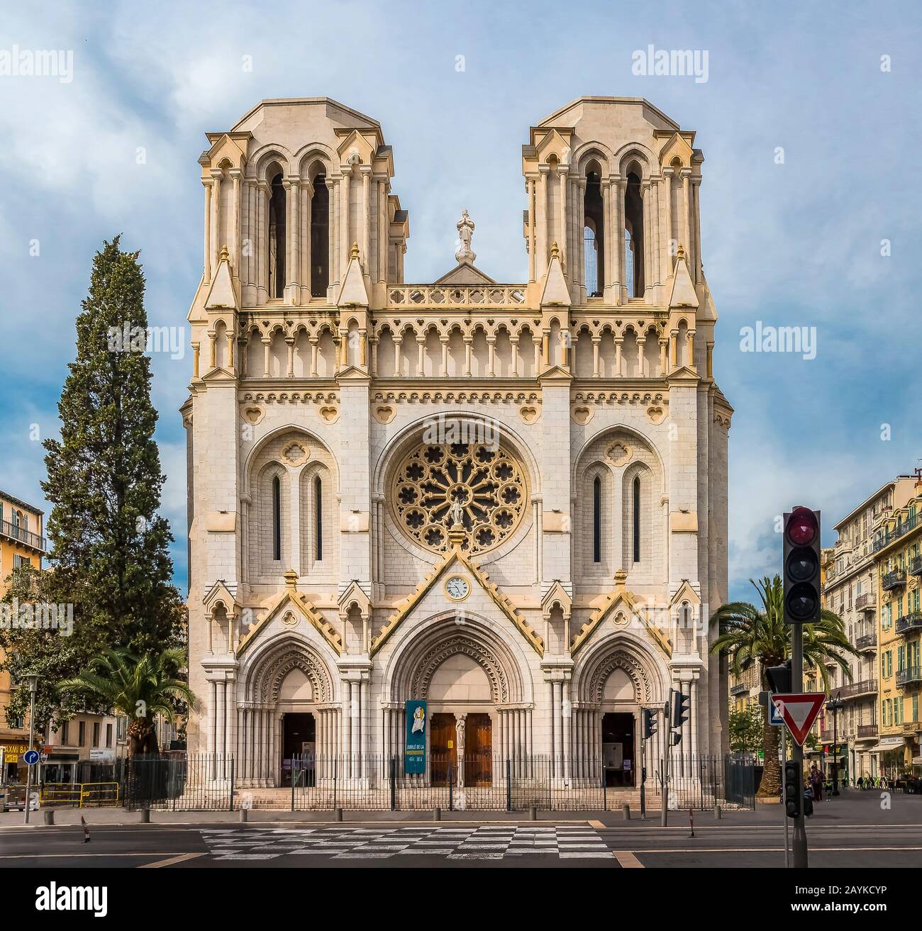 Ornate gothic facade of the Notre Dame Basilica built in 1864, the ...
