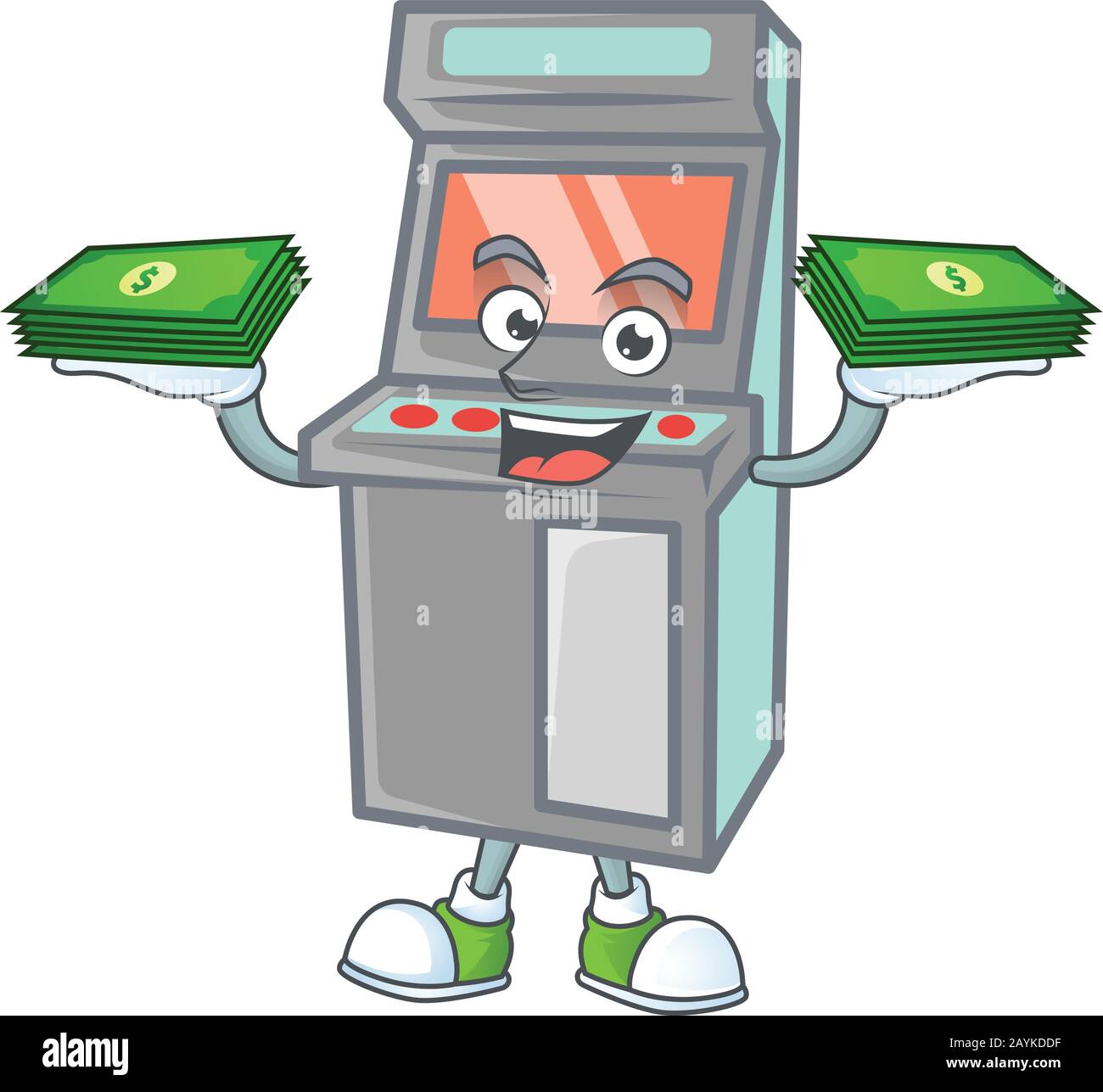 rich and famous arcade game machine cartoon character with money on ...