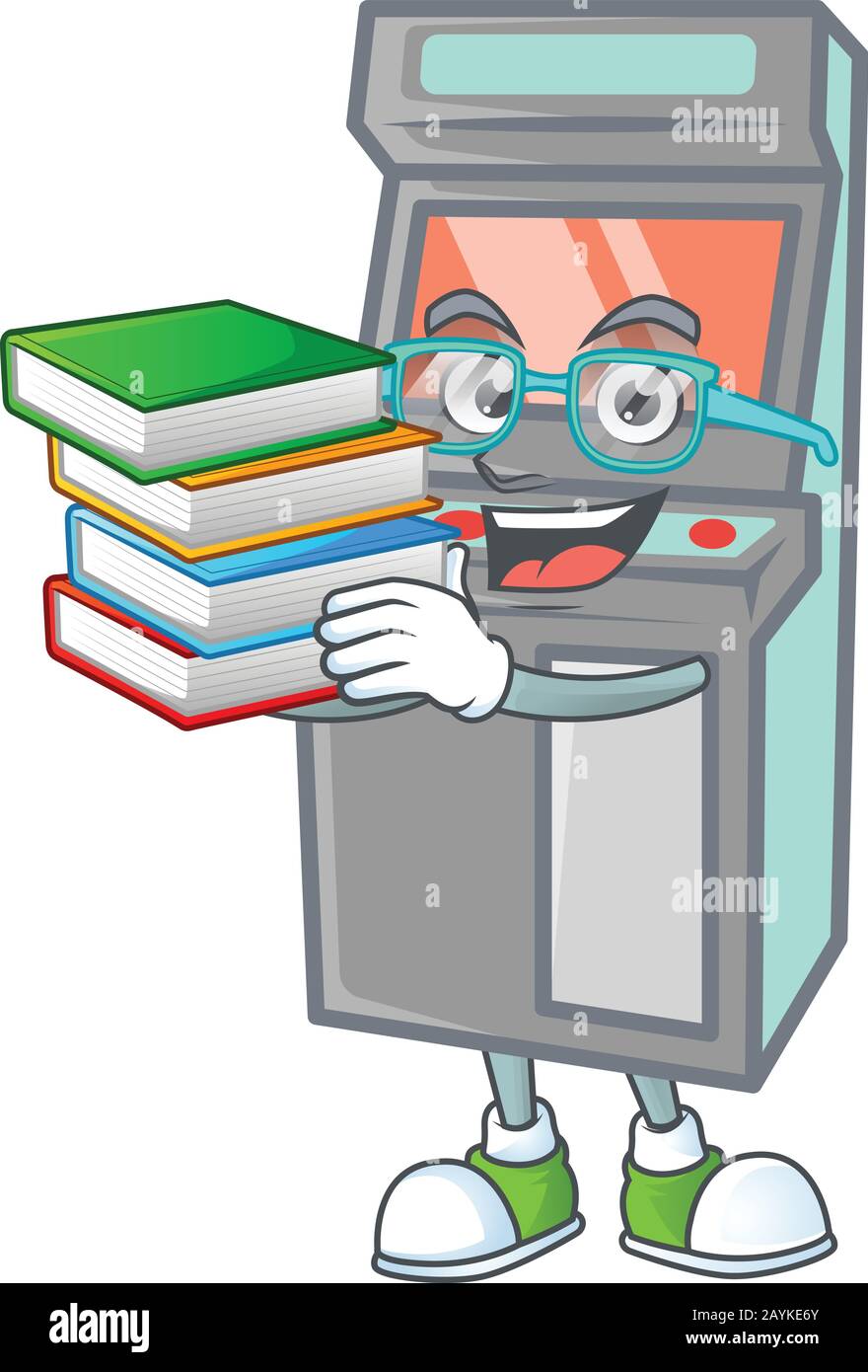 A brainy clever cartoon character of arcade game machine studying with ...