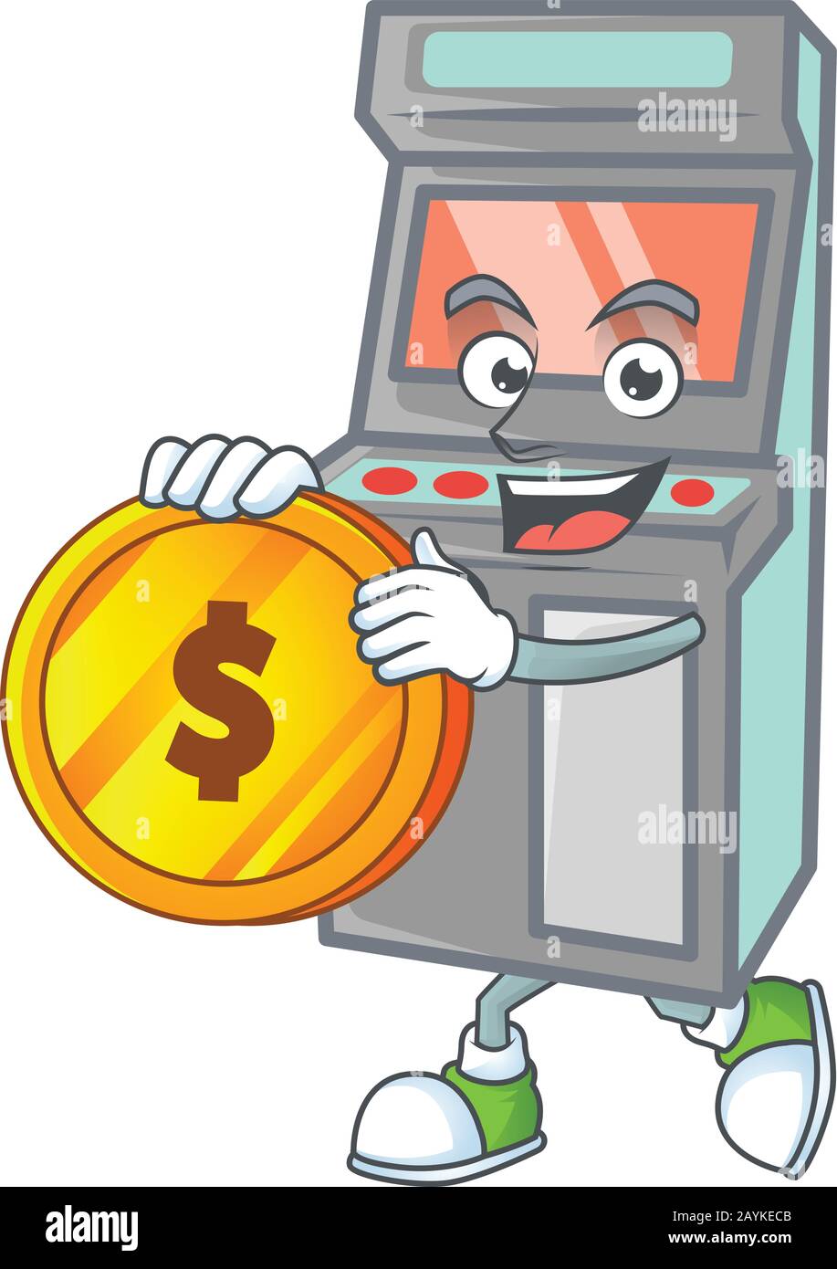 an elegant arcade game machine mascot cartoon design with gold coin ...