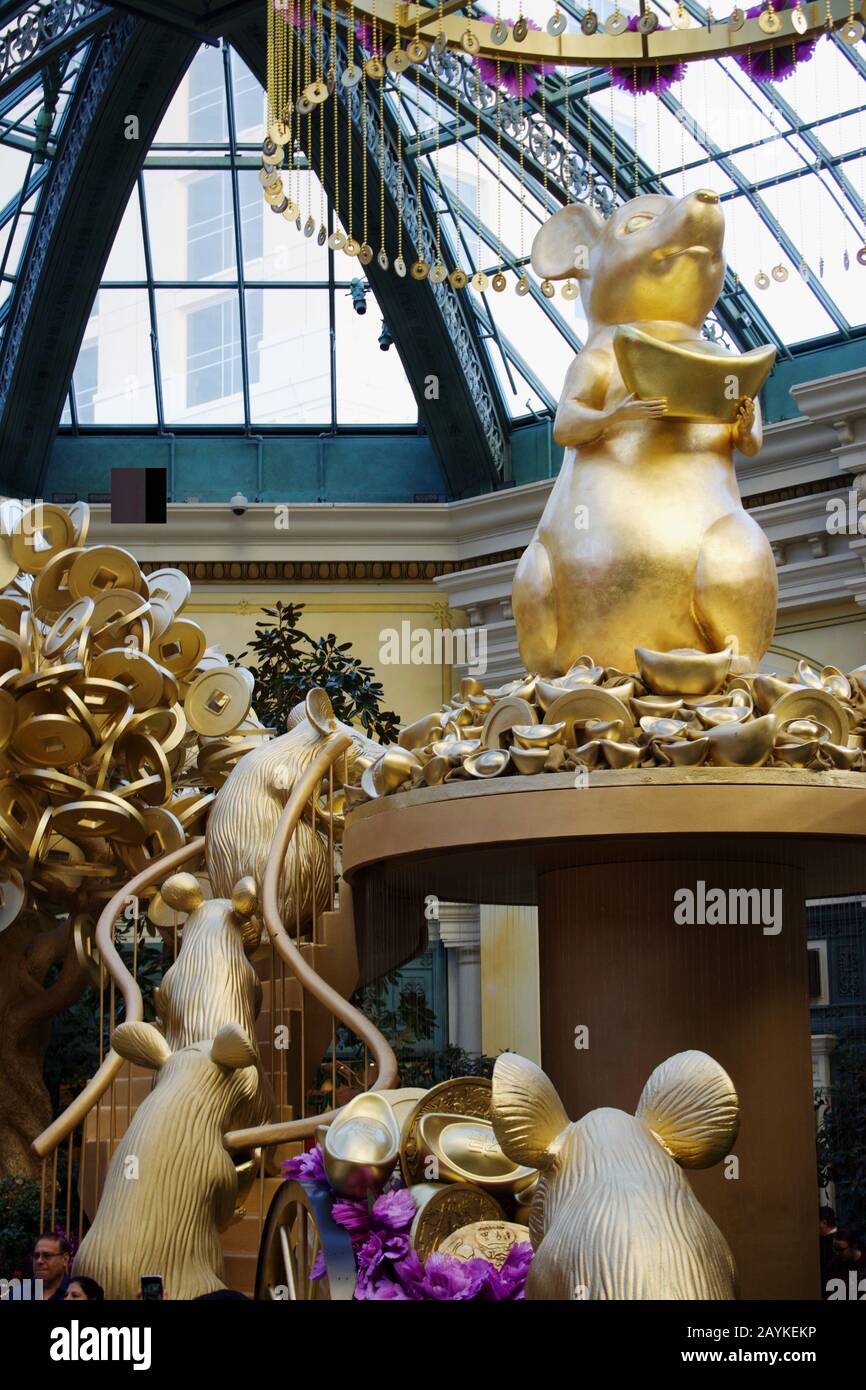Year of The Rat Display, A Golden Rat Statue in the Bellagio Hotel ...