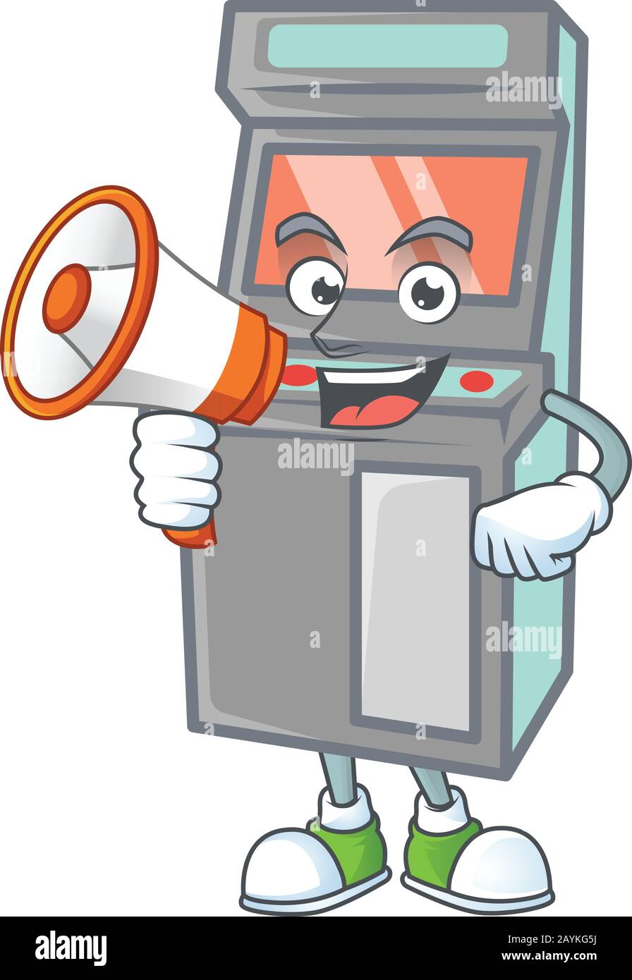 A chilly cartoon character of arcade game machine with a megaphone ...