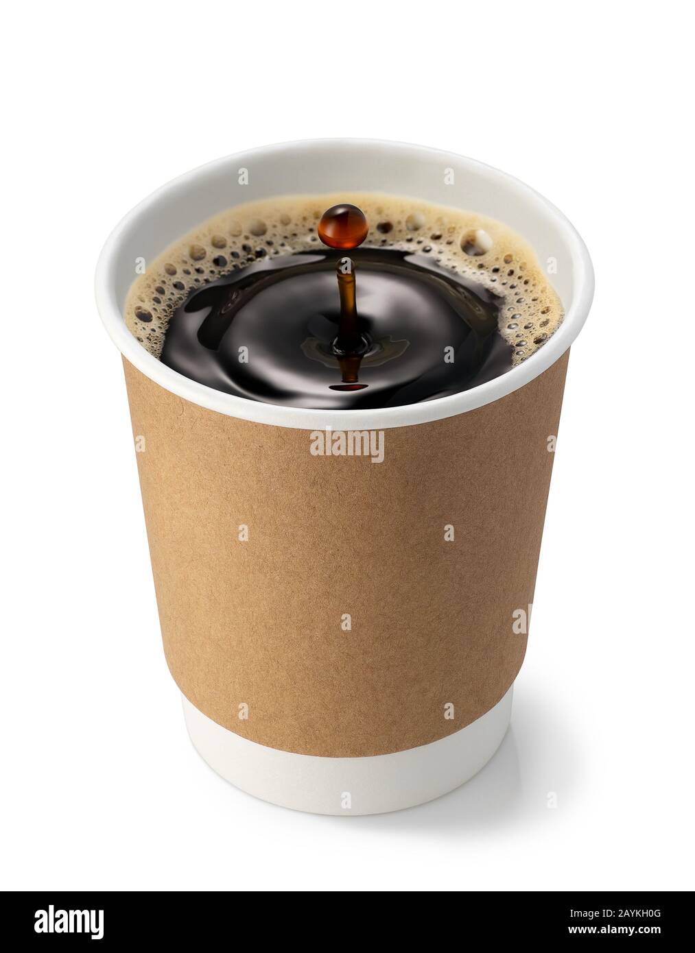 drop falling on coffee in paper cup and created splash with circle ...